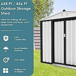 Incbruce 6x4 Ft Outdoor Storage Shed Double Sloping Roof Garden Shed, Galvanized Metal Storage Shed with Sliding Door, Metal Shed Kit with Double Doorknobs and Air Vents (White)