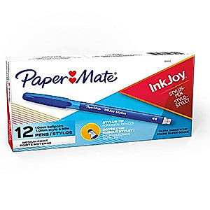 Paper Mate InkJoy 2 in 1 Stylus Ballpoint Pens, Medium Point, Blue, Box of 12