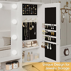 Fameill Vanity Desk with Mirror and Lights,Make up Vanity with Chair and Outlet,Dressing Table with Jewelry Cabinet, Bedroom Vanity with 2 Drawers, 3 Lighting Colors,36.4 inch,White