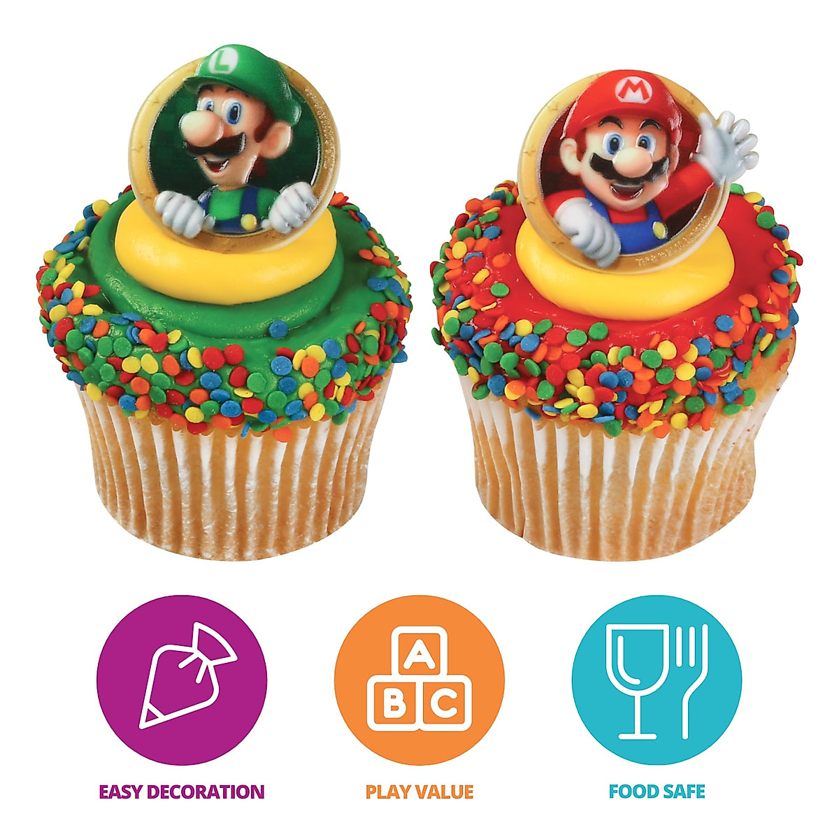 DecoPac Super Mario Rings, 24 Nintendo Cupcake Decorations Featuring Mario And Luigi, Cake Toppers For Birthday, Gaming, Party - 24 Pack