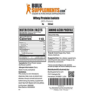 BULKSUPPLEMENTS.COM Whey Protein Isolate Powder - Whey Protein - Flavorless Protein Powder - Pure Protein Powder - 30g per Serving, 33 Servings of Unflavored Protein Powder (1 Kilogram - 2.2 lbs)