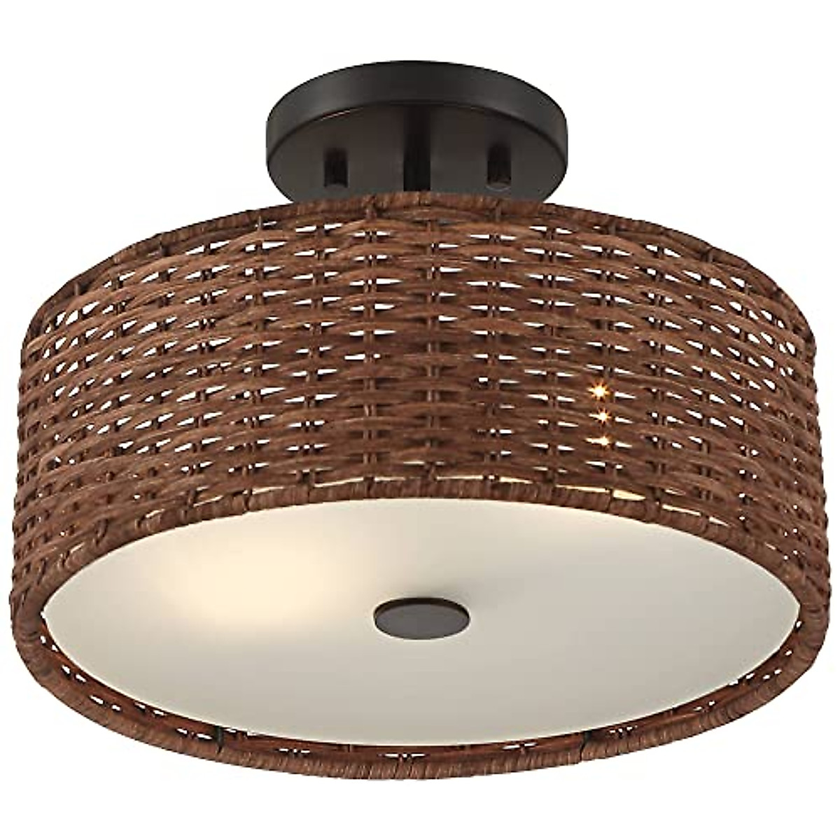 Possini Euro Design Hampton Modern Ceiling Light Semi Flush-Mount Fixture 13 1/4" Wide Soft Gold 2-Light Dark Weave Rattan Drum Shade for Bedroom Kitchen Living Room Hallway Bathroom House Home