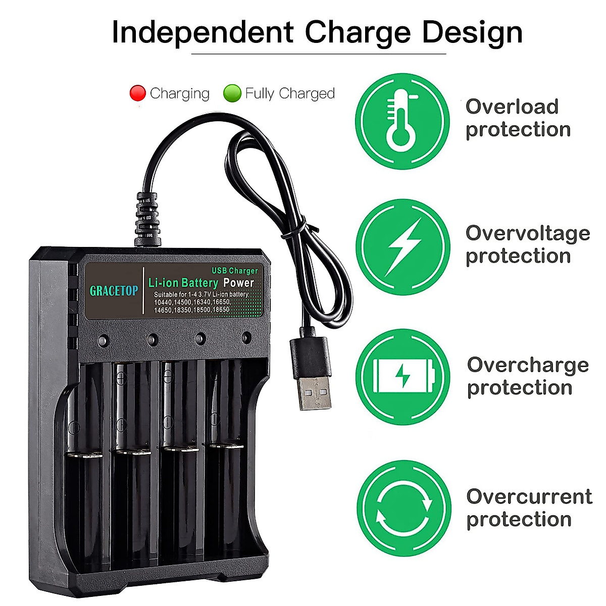 18650 Battery Charger 4-Bay 5V 2A for Rechargeable Batteries 3.7V Li-ion TR IMR 18650 14500 16340(RCR123) Red/Green Display (Not Battery)