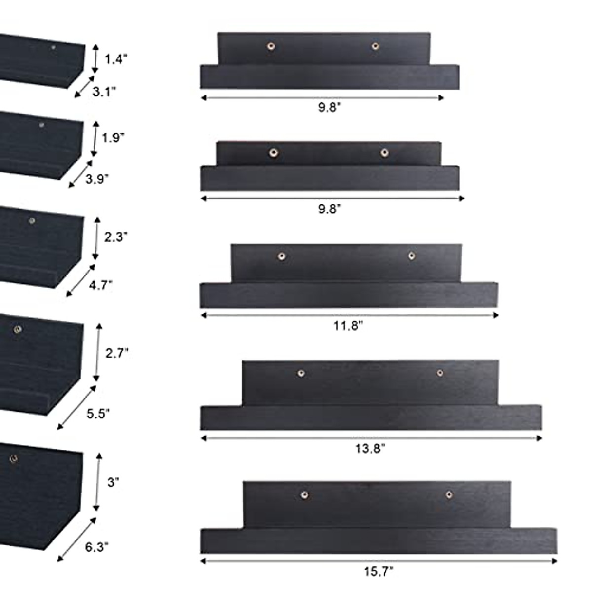 Art Emotion Black Floating Shelves | Set of 5 | Wall Shelf | Wood Bathroom Shelves | Bedroom | Living Room | Kitchen | Office & More (Black)