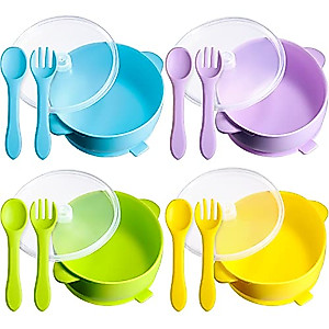 4 Set Silicone Baby Bowls with Lid Spoon and Fork Suction Bowls for Baby Self Feeding Baby Food Bowl First Stage Silicone Baby Feeding Set for Toddler Dishwasher and Microwave Safe (Cute Colors)