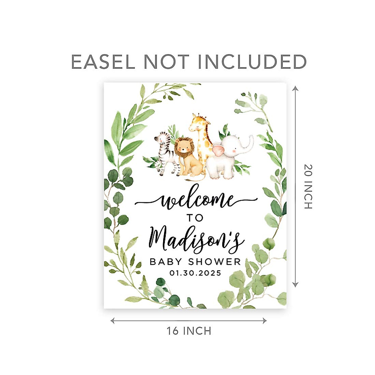 Andaz Press Custom Large Baby Shower Canvas Welcome Sign, 16 x 20 Inches, Baby Safari Animals Leaf Foliage, Guestbook Alternative, Personalized Sign Our Canvas, for Jungle Safari Baby Shower Theme