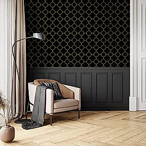 Feisoon 17.7"x118" Black and Gold Wallpaper Geometric Wallpaper Trellis Pattern Peel and Stick Wallpaper Removable Modern DIY Contact Paper Self Adhesive Wallpaper for Living Room Bathroom Decor