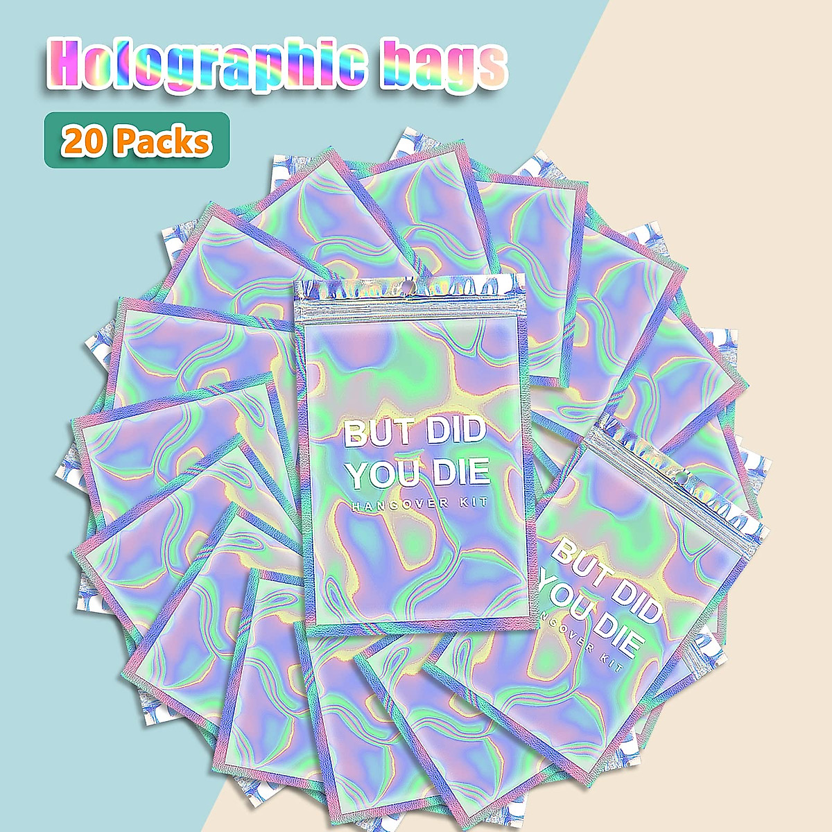 Fcuadro Hangover Kit Bags 20Pcs DID You DIE Holographic Hang Over Recovery Bags Bachelorette Party Supplies Gift Bags for Bach Party Favors 5X7" (DID You DIE)