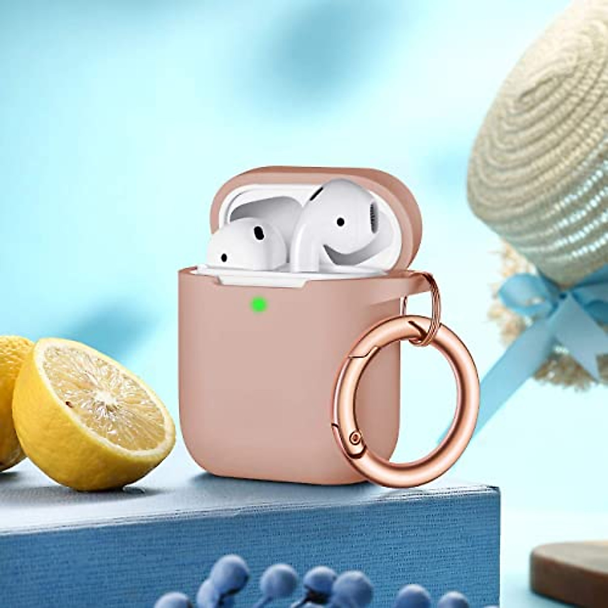 R-fun AirPods Case Cover with Rosegold Keychain, Silicone Protective Skin Cover for Women Girl with Apple AirPods Series 2 & Series 1 Charging Case,Front LED Visible-Milk Tea
