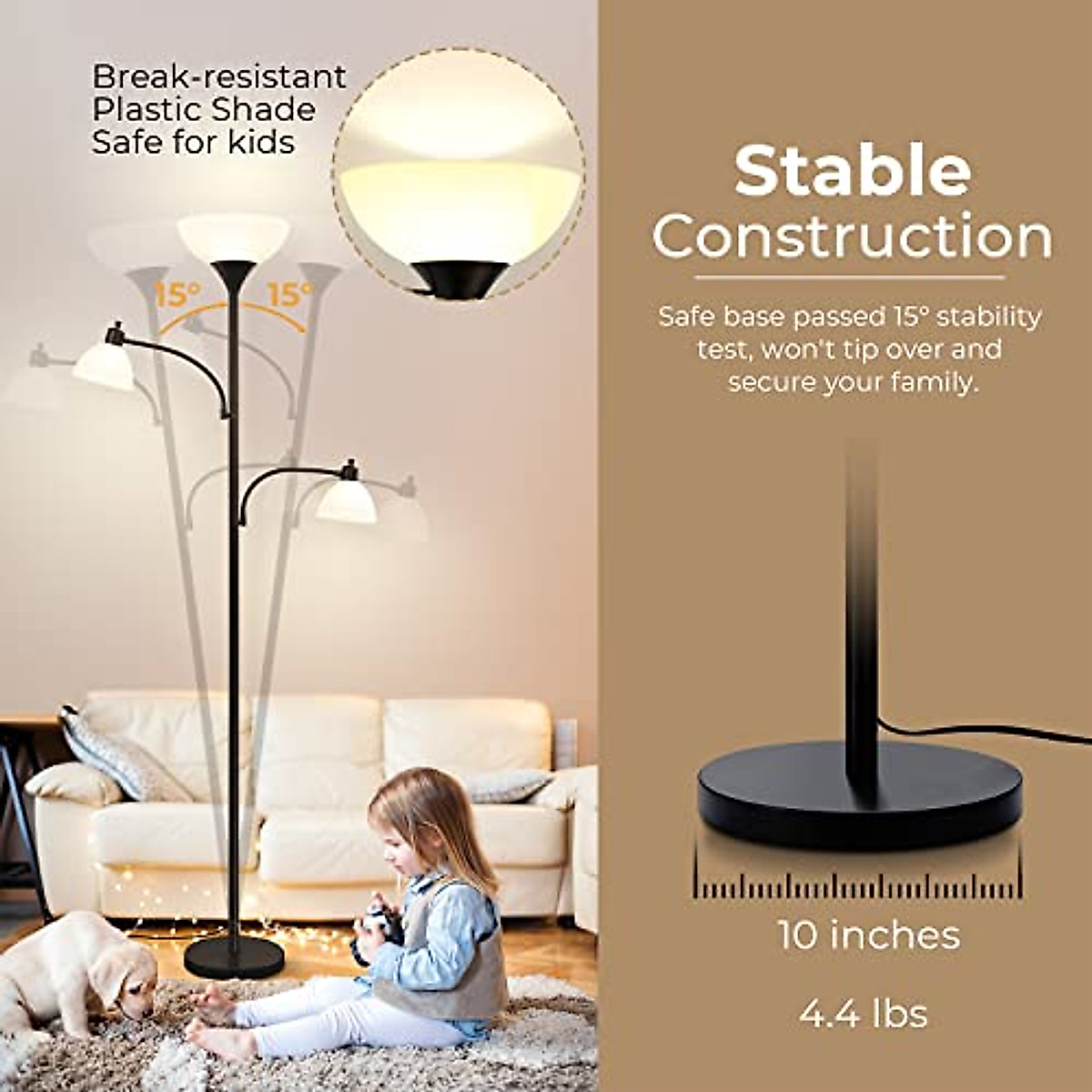Isloys Floor Lamp, Torchiere Bright Floor Lamp with 2 Reading Lamps for Living Room, Led Floor Lamp with 3 Levels Dimmable Brightness, Industrial Floor Lamp for Reading Offices(3 Bulbs Included)
