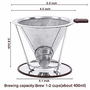 Pour Over Coffee Dripper, MISETTO Stainless Steel Filter,Easy to Clean Paperless pour over coffee maker,Reusable Filter,Cone Dripper with Removable Cup