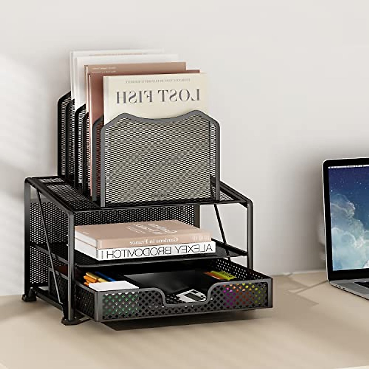 Simple Trending Mesh Desk Organizer with Sliding Drawer, Double Tray with 5 Sections File Bookshelf, Black
