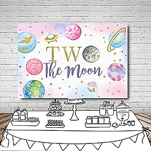 MEHOFOND 7x5ft Outer Space Two The Moon Backdrop Girl Happy 2nd Birthday Pink Gold Party Supplies Galaxy Planets Stars Theme Background Decor Photobooth Props Banner