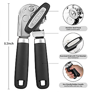 Can Opener Manual, Can Opener with Magnet, Hand Can Opener with Sharp Blade Smooth Edge, Handheld Can Openers with Big Effort-Saving Knob, Can Opener with Multifunctional Bottles Opener, Black