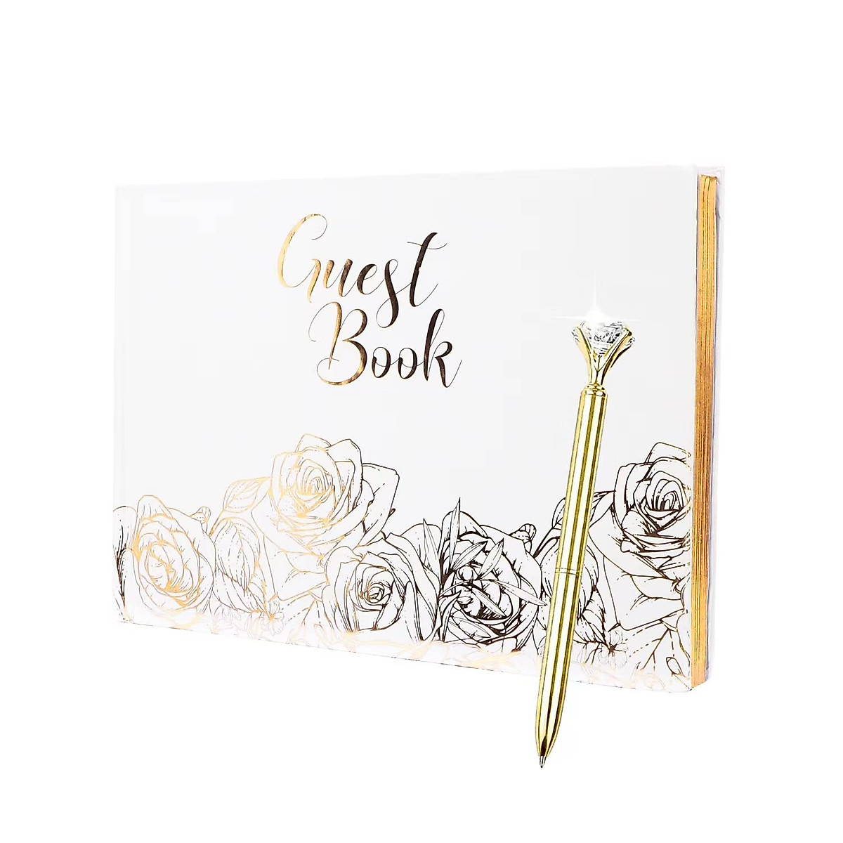 Guest Book for Wedding, Wedding Guest Book - Registry Sign-in Book for Wedding, Reception, Birthday, Baby Shower - White Guestbook/Bookmark & Gold Rose Floral Design - 8.5" x 6" (100 Pages)