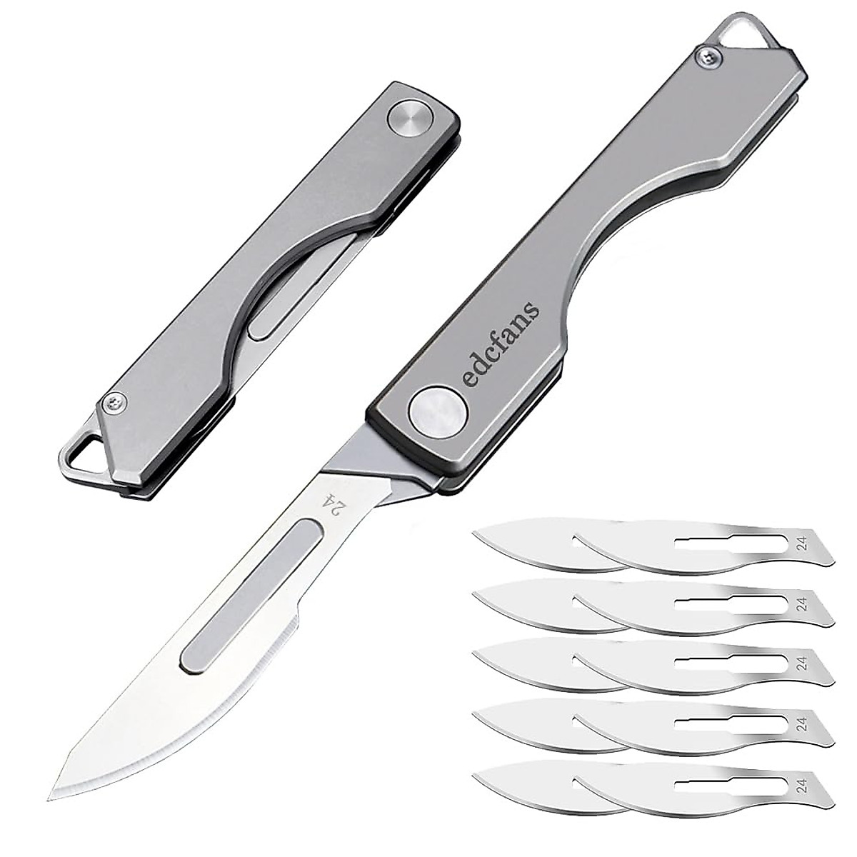 edcfans Titanium Scalpel Folding Pocket Knife, Skinning Knives for Outdoor Hunting, Small Gravity Knife with 10 Replaceable Razor Surgical #24 Carbon Steel Replacement Edge Blades, EDC Keychain Knife