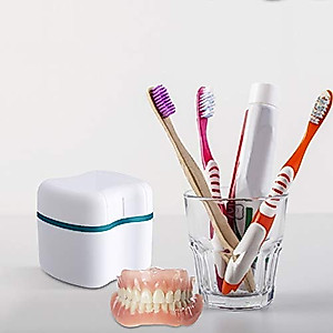 Denture Bath Case with Basket Denture Bath Cleaning Box Container Soaking Cup Cleaner Retainer Case Holder for Dentures for False Teeth (B)