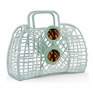 JBB Girls Jelly Bag Plastic Gift Basket Boys Beach Tote Bag Toddler Purse Kids Easter Basket with Round Flower Sunglasses Green