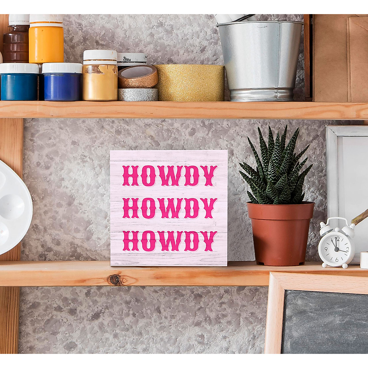 SRADMO Hot Pink Howdy Preppy Wood Box Sign Desk Decor，Pink Preppy Cowgirl Wooden Block Box Sign Decoration For Western Home Office Dorm Wall Shelf Table Decor