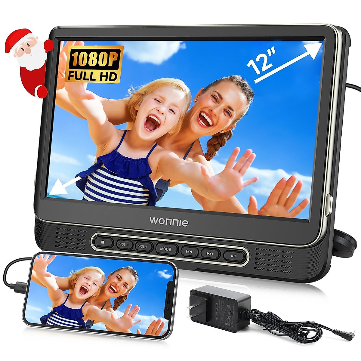 WONNIE 12" Headrest DVD Player Portable for Car, Support 1080P/MP4 Video with HDMI Input/Output, Mounting Bracket, AC Adapter, Car Charger, AV Out, USB Card Reader, Last Memory