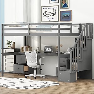 Harper & Bright Designs Twin Size Loft Bed with Storage Stairs and Built-in Desk, Wood Twin Loft Bed with Double Storage Drawers, Space Saving Junior Loft Bed for Kids Girls Boys, Grey