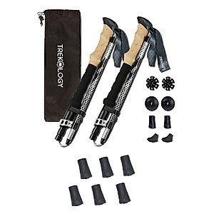 TREKOLOGY Trek-Z (Black115-135cm) Trekking Hiking Poles / 6 pc Replacement Rubber Tips - Collapsible Folding Walking Sticks,Adjustable Quick Flip-Lock, Foldable Trekking Poles for Hiking.