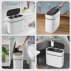 WOA WOA 14 Litre Trash Can with Press Top Lid | 3.7 Gallons Black Plastic Garbage Bin | Slim Wastebasket for Bathroom, Kitchen, Toilet, Office, Room, Bedroom