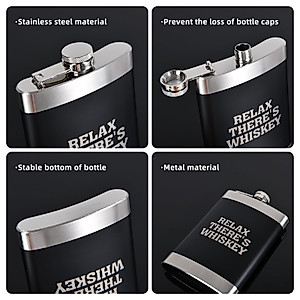Hip Flask Gift Set for Men, Stainless Steel Leak-proof Engraved Flask for Liquor with 4 Cups and Funnel, Food-grade Black Flask, Gift Box for Wedding Party Groomsman Climbing Hiking Picnic