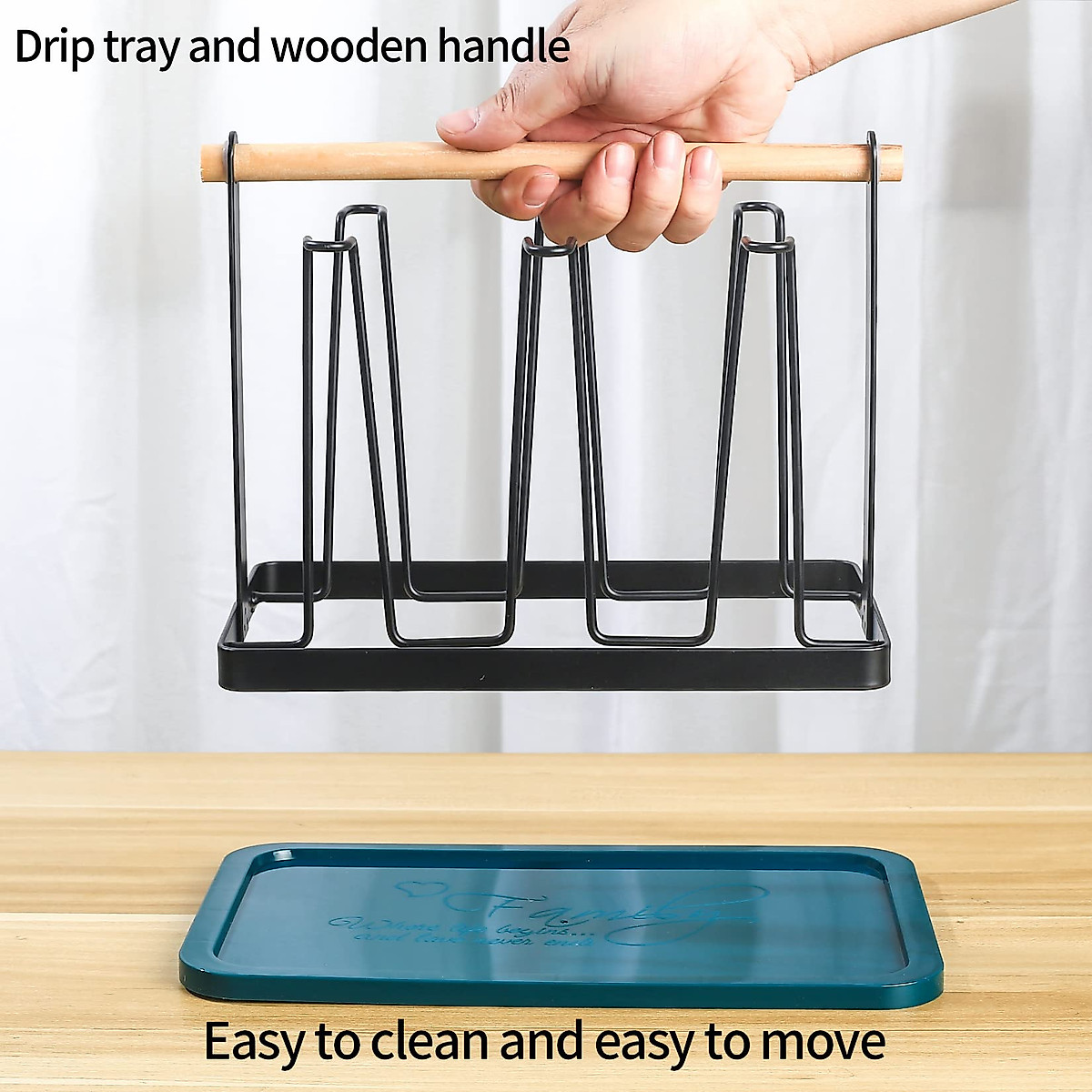 wugongshan Water Bottle Drying Rack, Cup Drying Rack, Coffee Mugs Wine Glass Drying Rack, Tumbler Bottle Drying Drainer Stand with Wood Handle & Removable Draining Tray for Kitchen Countertop