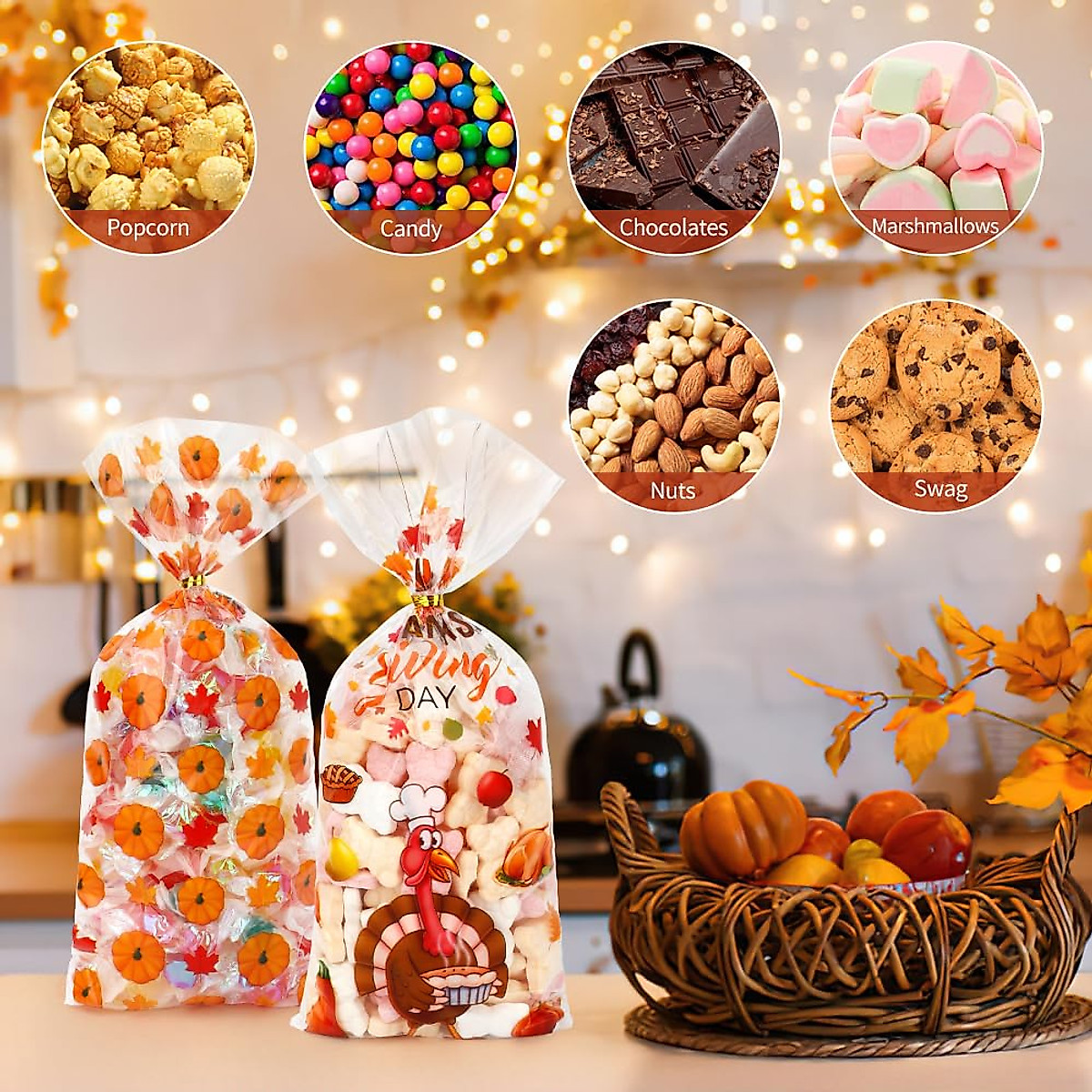 STPIYFZU Thanksgiving Treat Bags, 50 Pcs Fall Cellophane Treat Bags, Pumpkin Maple Leaf turkeys Candy Goodie Treat Bags with Twist Tie for Thanksgiving Fall Autumn Theme Party Favor Bag (4 Styles)