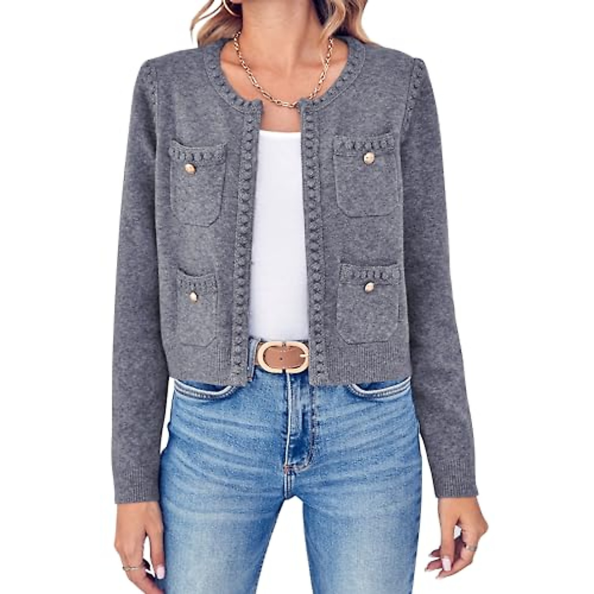 Esobo Womens Knit Cardigan Sweaters Open Front Long Sleeve Cropped Trendy Jacket Outerwear(Grey,Large)