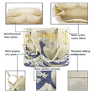 Reusable canvas shopping bag - with Coin Purse, Canvas Shopping Bag with Handle, Organic Cotton Shopping Bag, Heavy Duty Machine Washable Cloth Tote Bag, Japanese Culture Style Printed Pattern (D)