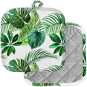 [Pack of 2] Pot Holders for Kitchen, Washable Heat Resistant Pot Holders, Hot Pads, Trivet for Cooking and Baking ( Green Tropical Palm )