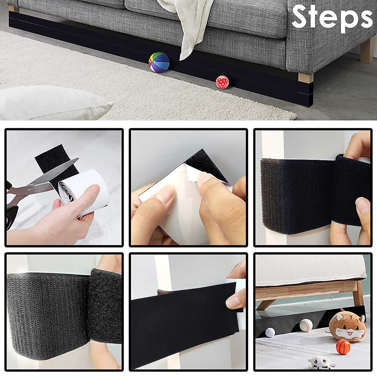 NA Rovepic 394 Inch Couch Gap Blocker Adjustable Bumper for Under Furniture with 19.5 Inch Adhesive Mounting Strap Avoid Things Sliding Under Furniture Bumper Stopper Guards for Bed Bottom (Black)