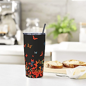 JASROTAO Colored Butterflies Tumbler,Butterflies 20oz Stainless Steel Insulated Travel Tumbler,Travel Coffee Mug with Lid and Straw Water Bottle Drink Tumbler Cups Gifts for Women Men