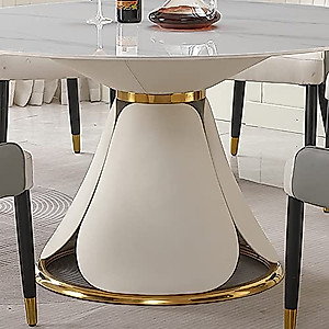 Legendstone Kitchen Dining Table, Round Marble Dining Table for 4-6, Compact Space w/53 Sintered Stone Tabletop, Lotus Shape Design & PU Leather Wrapped & Metal Base (1PC Table)