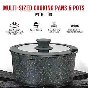 Bakken 15-Piece Non-Stick Cookware Set with Detachable Handles – Granite Stackable Pots and Pans Set, Dishwasher Safe, Oven-Safe, and Compatible Kitchen Essential for All Stoves – Black Granite.