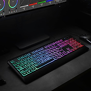 KOPJIPPOM Backlit Wired Keyboard - Large Print Computer Keyboards with Rainbow Backlight, Silent USB Wired Keyboard, Light Up Keyboard for Computer, PC, Gaming - Easy to See and Type