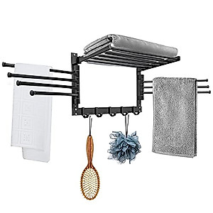 JHWKJS Laundry Clothes Drying Rack Wall Mounted, Foldable Wash Clothing Drying Racks for Laundry Room Organization with Swivel Towel Bars, Hooks for Bathroom, Laundry Room (Black-15.7in)