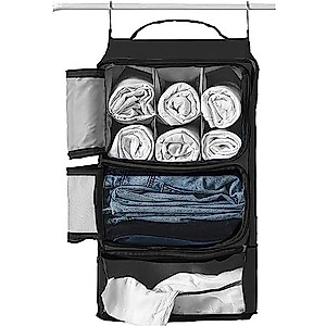 Hanging Luggage Organizer - 3 Shelf Artos Portable Carry on Closet for Suitcase - Collapsible Hanging Packing Cubes Travel, Camper - Picnic & Travel Essential (Black)
