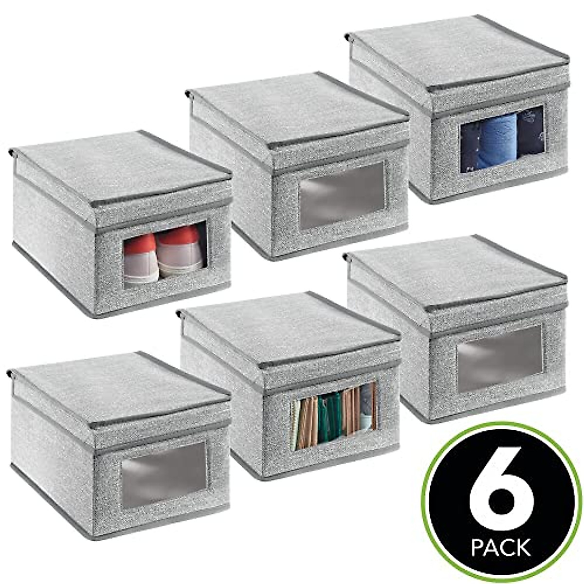 mDesign Soft Fabric Stackable Closet Storage Organizer Box with Clear Window and Attached Hinged Lid for Bedroom, Hallway, Entryway, Closets, 6 Pack - Gray