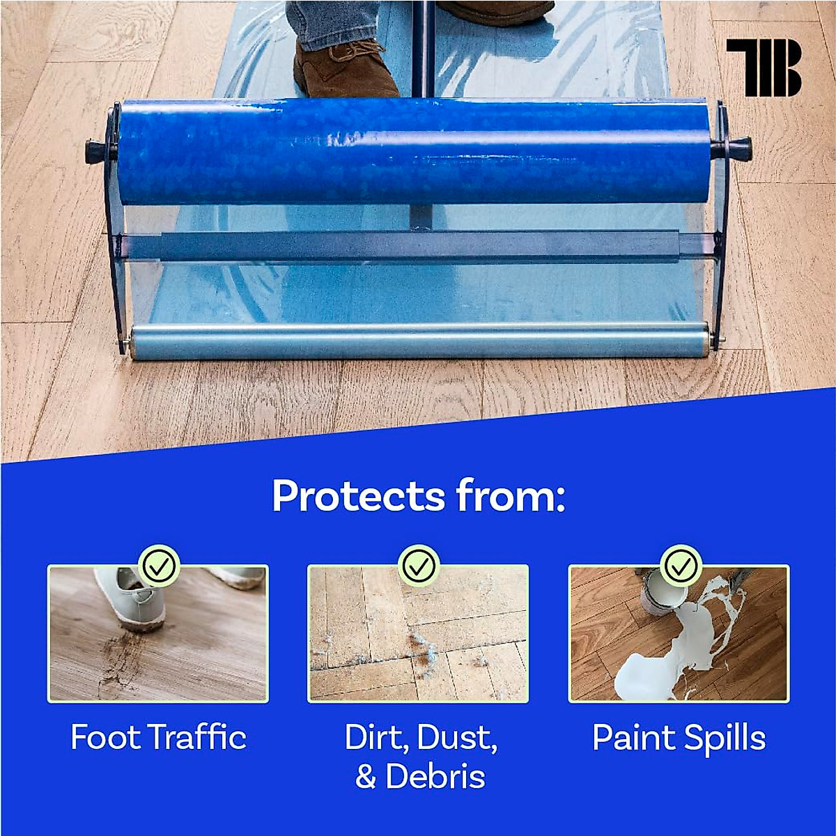 Floor Protection Film, 48" x 200', Made in USA, Blue Self Adhesive Floor Protector Tape for Moving, Painting and Construction, Temporary Floor Covering to Shield Hardwood Floors, Tile, Hard Surfaces