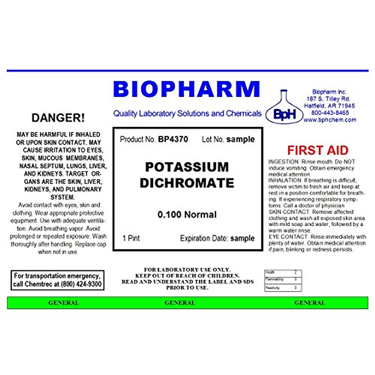 Biopharm Potassium Dichromate 0.100 Normal — 500 mL (1.06 Pint)