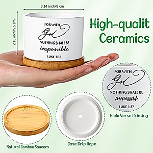 Sieral 6 Pieces Bible Verse Succulent Pots White Ceramic Flower Planter Pot with Bamboo Tray Small Plant Pots Christian Mini Succulent Planters for Patio Garden, 3 x 3 x 2 Inches, Plants Not Included