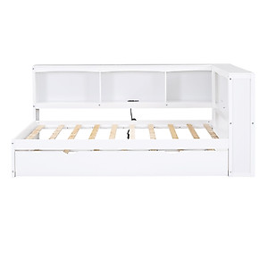 Quarte Twin Size Daybed with Trundle, L-Shaped Storage Cabinets and USB Ports, Wooden Platform Bed for Kids Boys Girls Teens Adults (White+USB Ports)