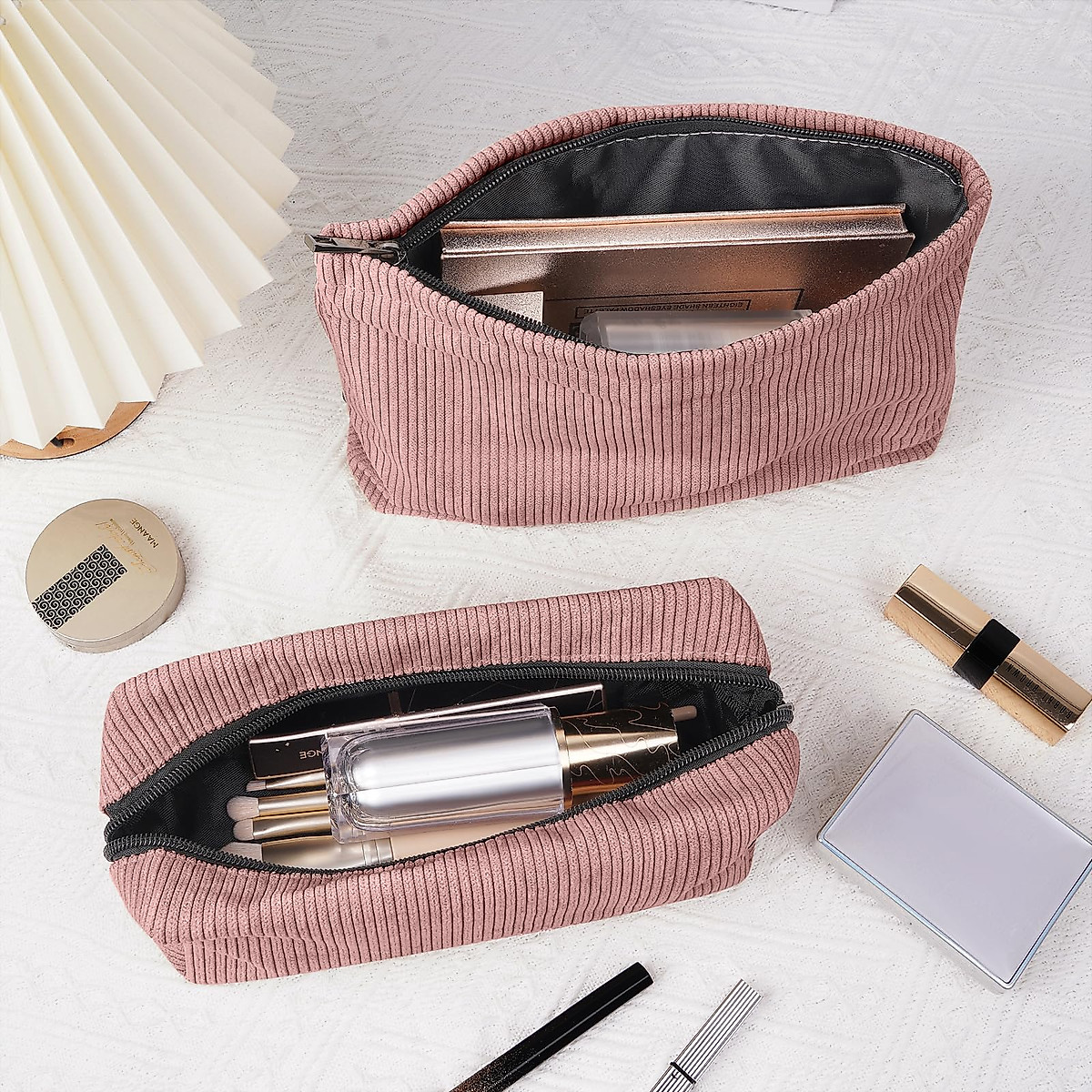 MAGEFY 2 Pcs Makeup Bags for Women, Corduroy Make up Bag for Purse Travel Makeup Bag Small Cosmetic Bags with Zipper Makeup Pouch for Travelling - Dusty Pink