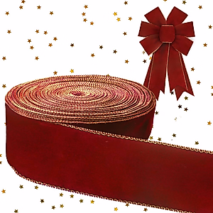 Threetols 100 Yards Red Velvet Wired Edge Ribbons, 2.5inch Red Velvet Solid Ribbon Gilt Edged Burlap Ribbon for New Year Birthday Party Wrapping DIY Craft Decoration Wreaths Bow