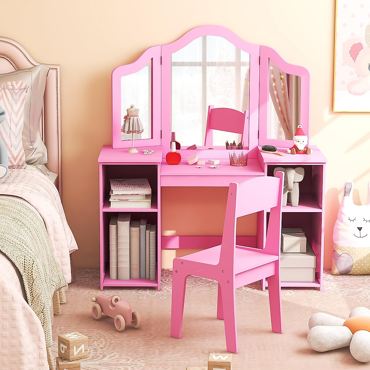 MAT EXPERT Kids Vanity, 2 in 1 Princess Little Girls Vanity with Tri-Folding Mirror, 4 Open Storage Shelves, Wooden Makeup Toddler Vanity Dressing Table, Pretend Play Vanity Set for Girls (Pink)