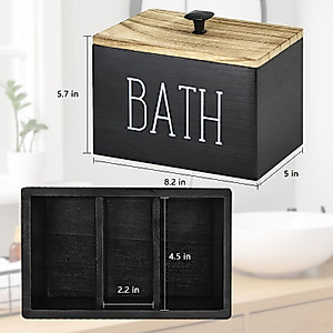 Rustic Tampon Storage Container for Bathroom, Decorative Bathroom Countertop Organizer Storage Box Tampons Organizer Holder, Wood 3 Compartments Cotton Swab Ball Qtip Container with Lid