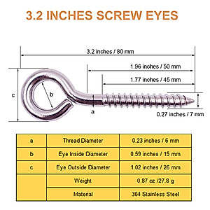 ZUSFUL 12-Pack 304 Stainless Steel Screw Eyes, Heavy Duty Screw in Eye Hooks Ring for Yoga, Swing Chair, Indoor & Outdoor, Self Tapping, 3.2"